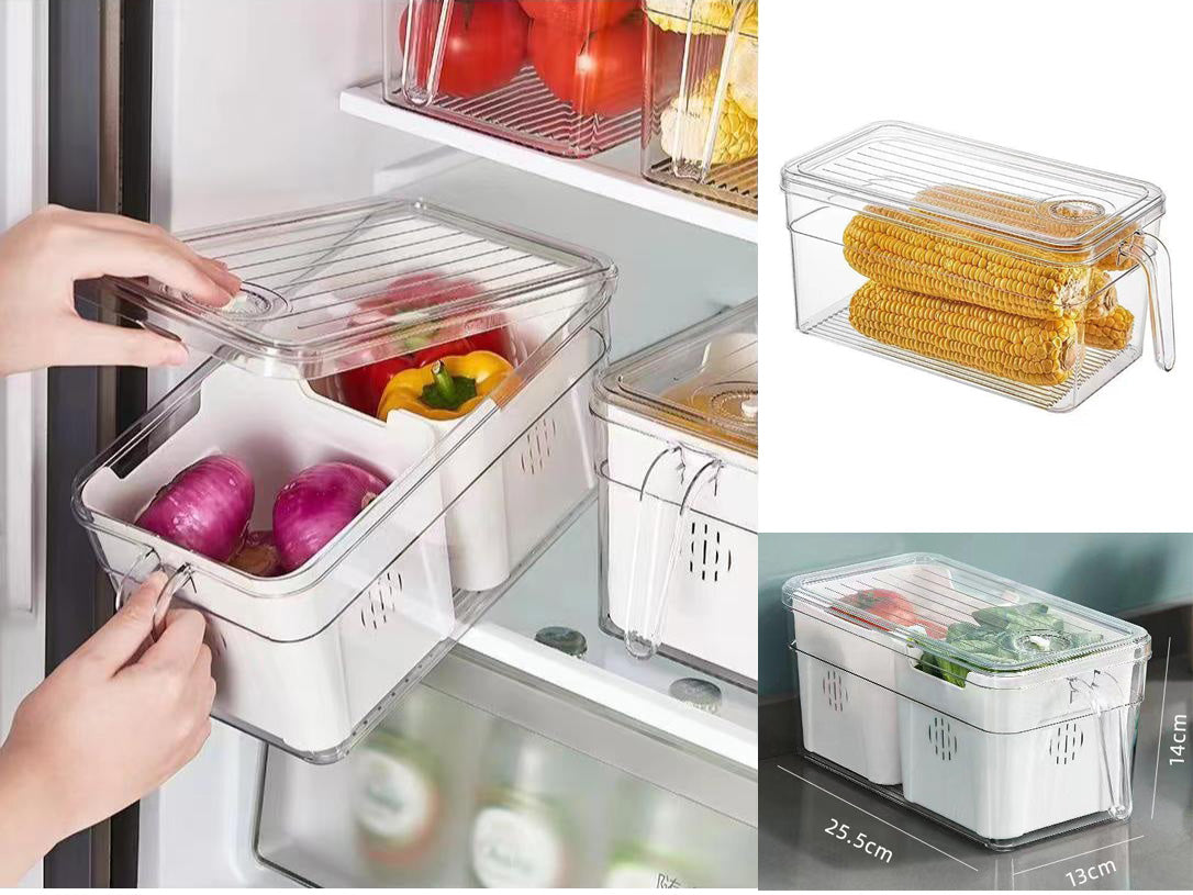 Fridge Storage Box w 2 Strainers & Cover & Handle – HouzeCart